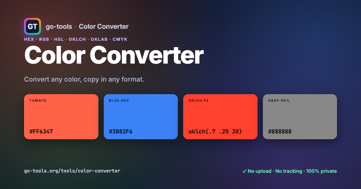 Convertidor de Color — HEX, RGB, HSL, OKLCH, OKLAB y CMYK | Go Tools