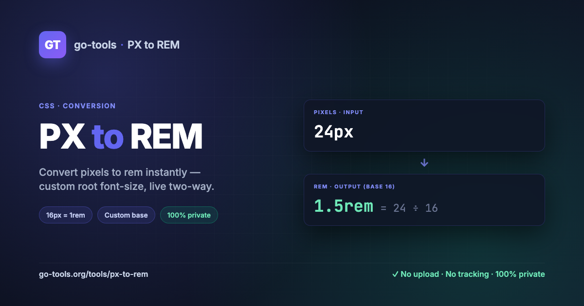 px 转 rem 转换器 — 即时换算、自定义基准、免费 | Go Tools